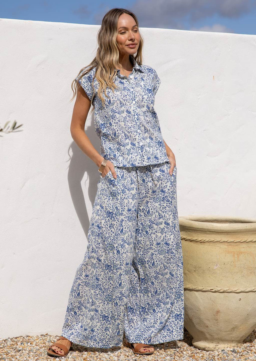 Isha Print Collection - White based blue floral print cotton – Karma East