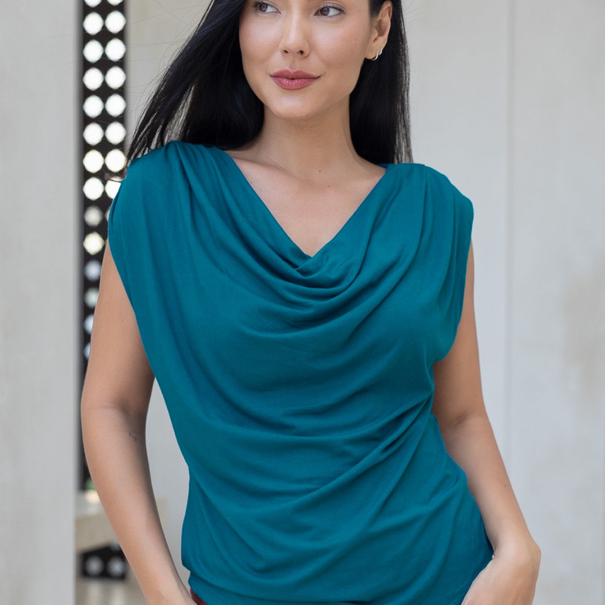 Pleated Cowl Neck Top Teal | Soft stretch rayon draped neck top with ...