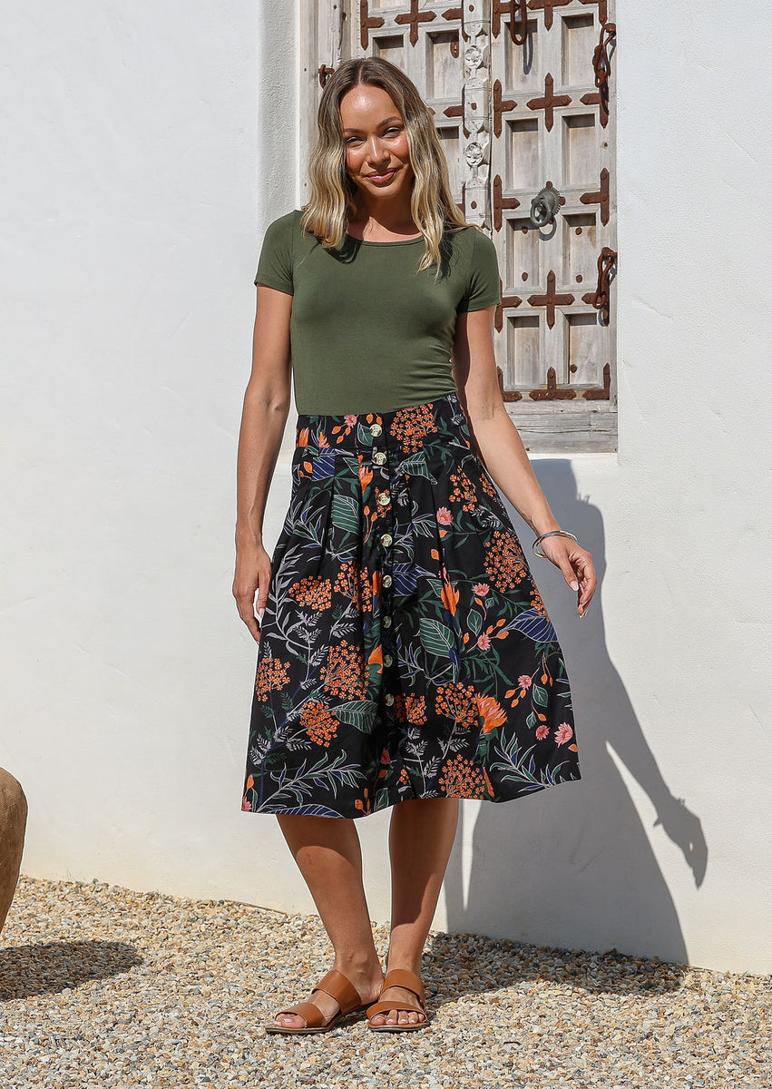 Ruby Skirt Queen Protea | Cotton Button Through Black Skirt with Box Pleats – Karma East
