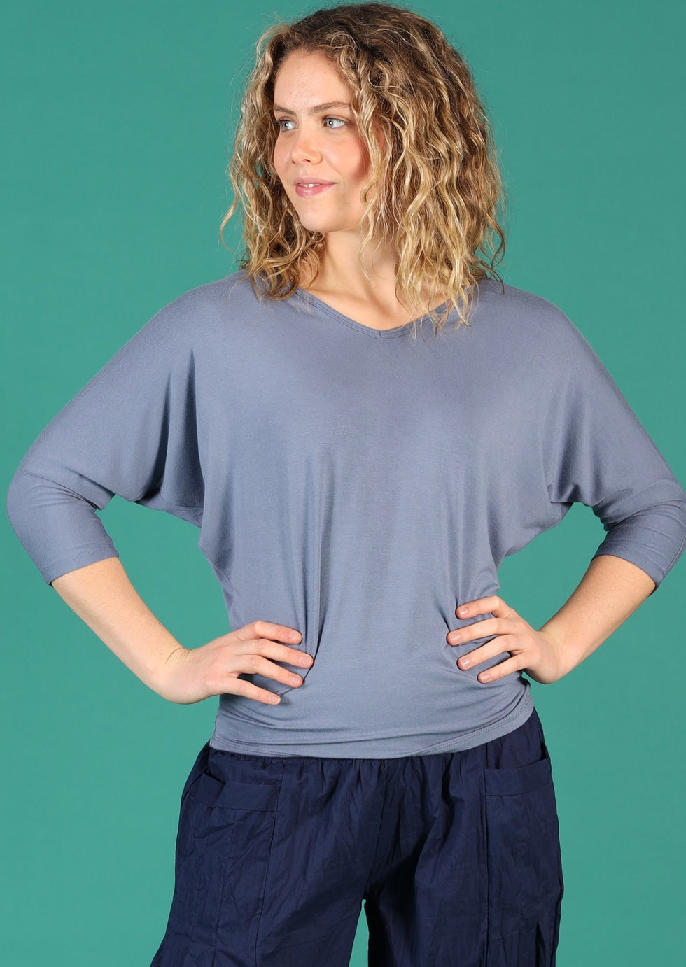3/4 Sleeve V-neck Batwing Top Blue Grey | Karma East Australia